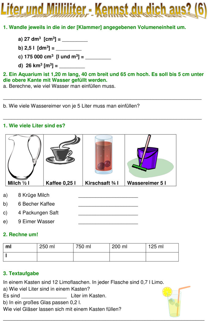 Übungsblatt zu Liter und Milliliter